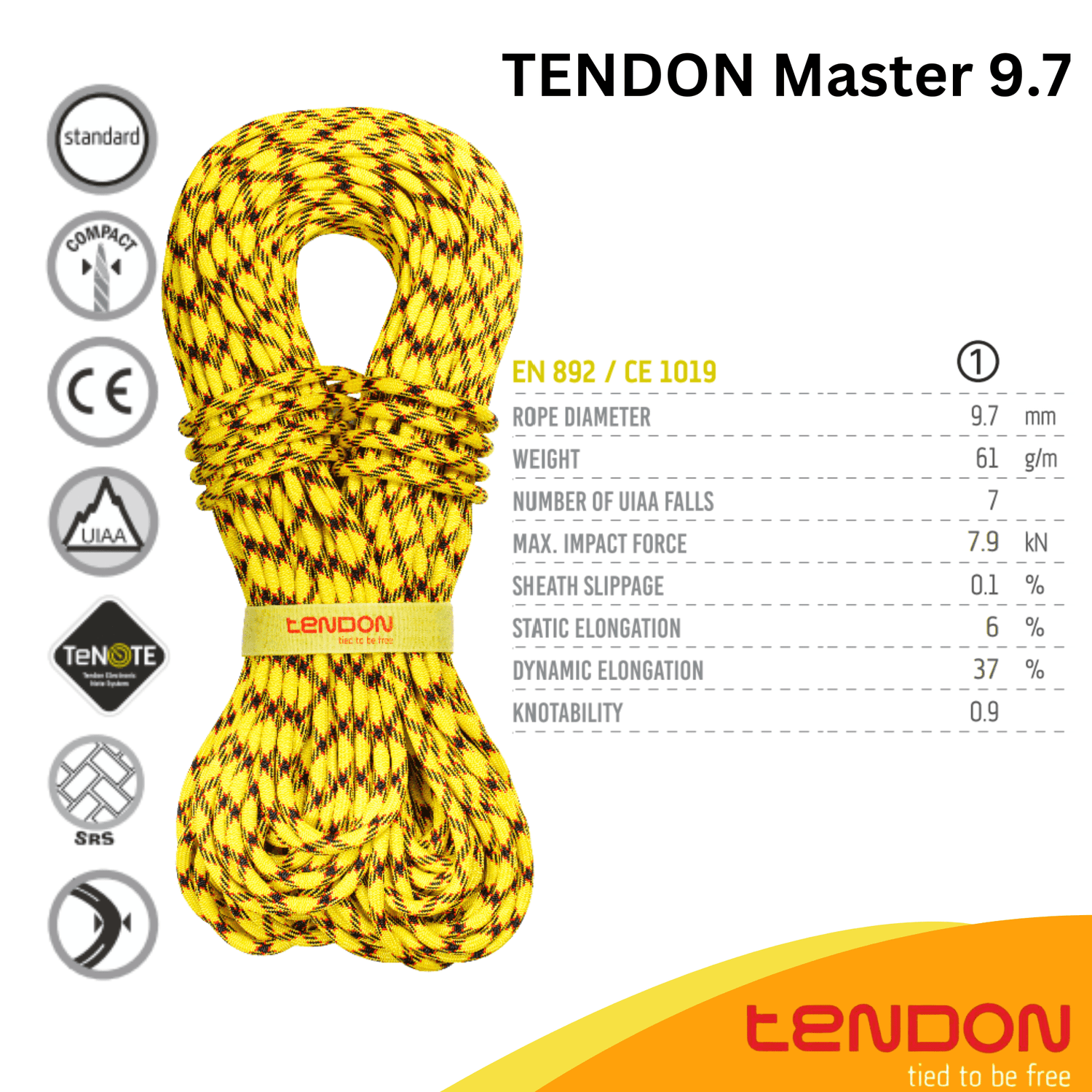 Tendon Master 9.7mm – Durable Rope with SBS Sheath & Midpoint